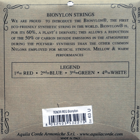 Aquila 63U Bionylon Tenor Ukulele Strings, GCEA, Key of C, High G